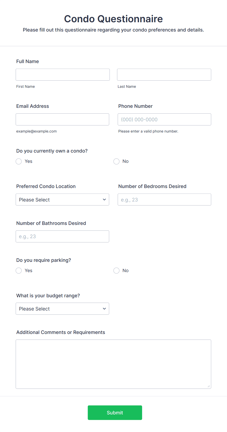 Condo Questionnaire Form Template | Jotform