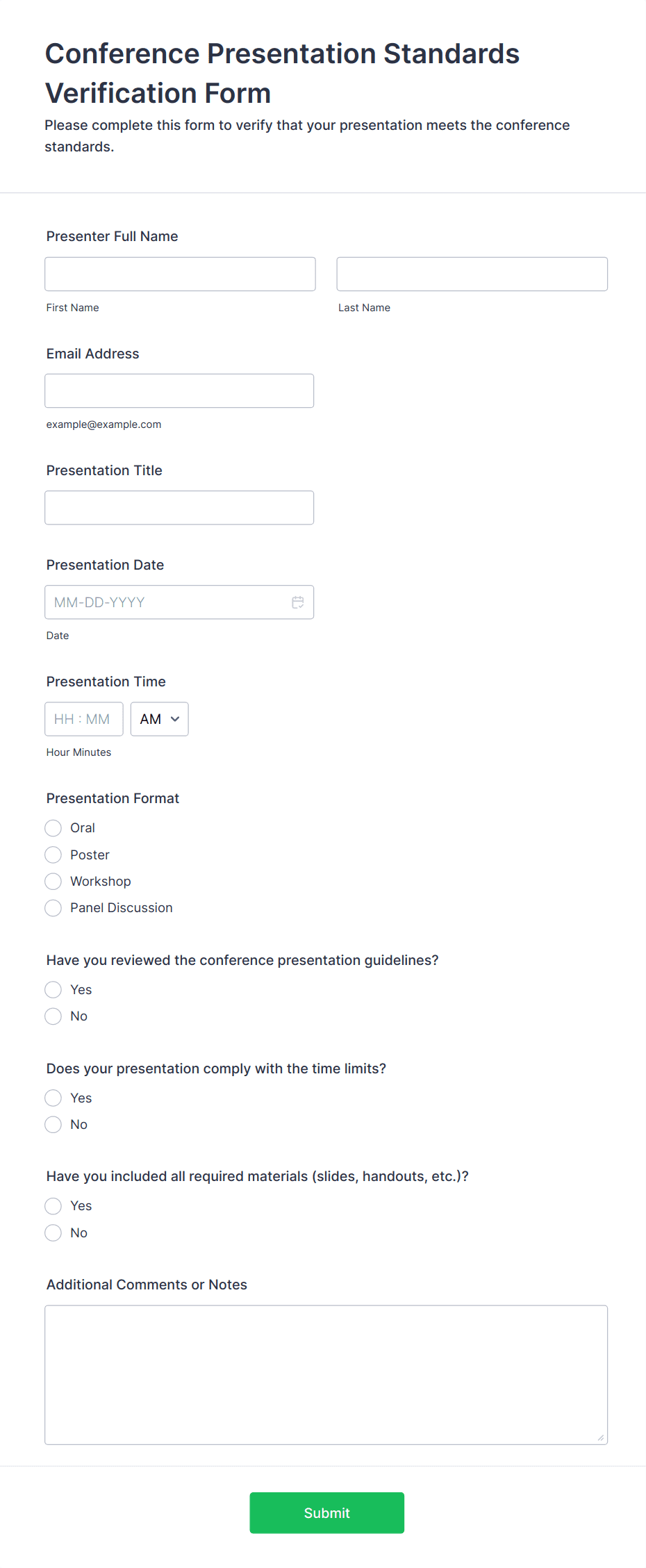 Conference Presentation Standards Verification Form Template | Jotform