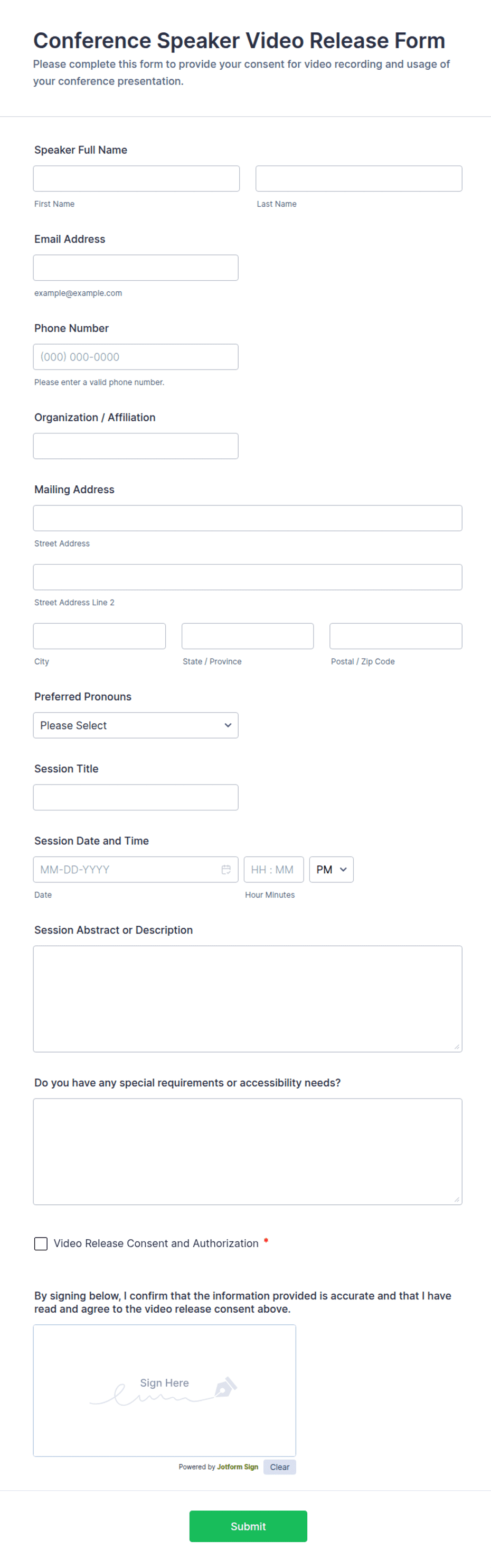 Conference Speaker Video Release Form Template | Jotform