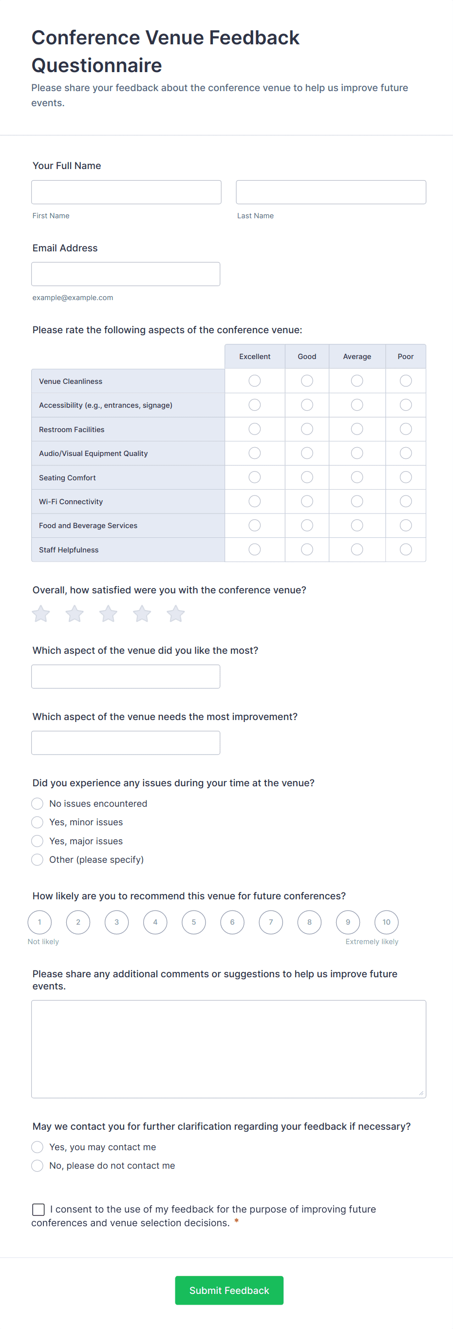 Conference Venue Feedback Questionnaire Form Template | Jotform