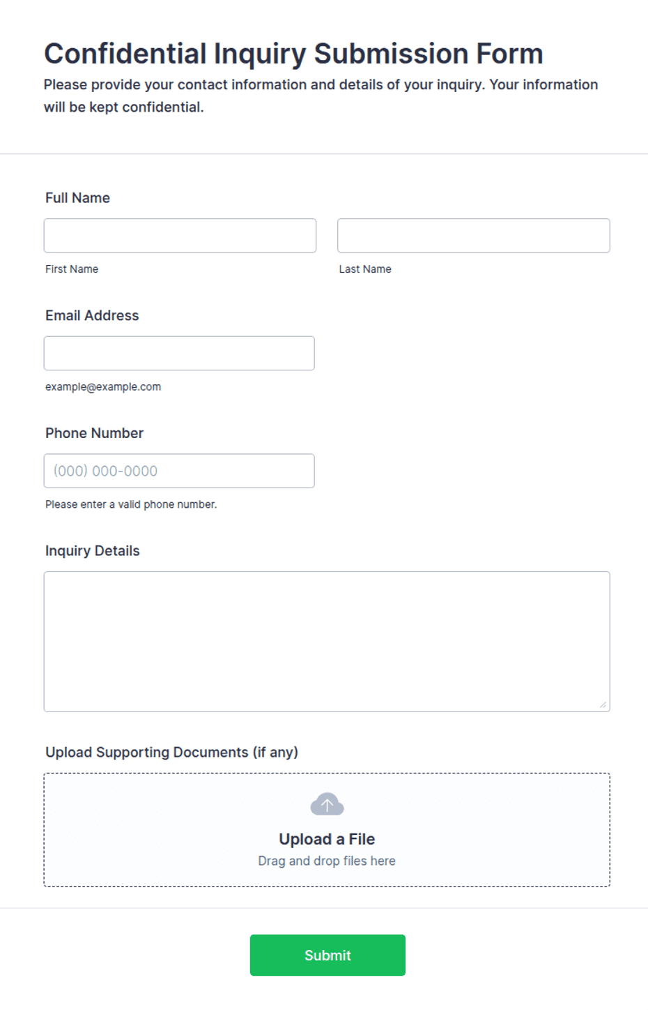Confidential Inquiry Submission Form Template | Jotform