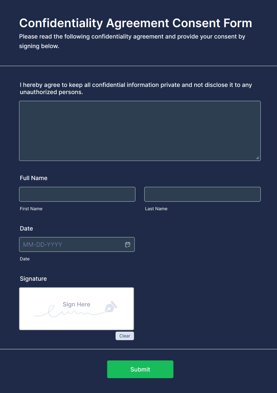 Confidentiality Agreement Consent Form Template | Jotform
