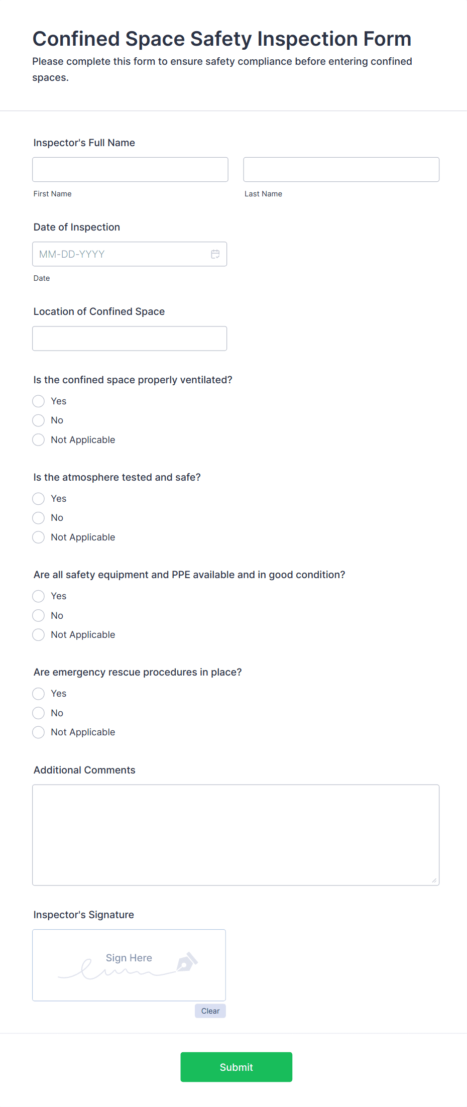Confined Space Safety Inspection Form Template | Jotform