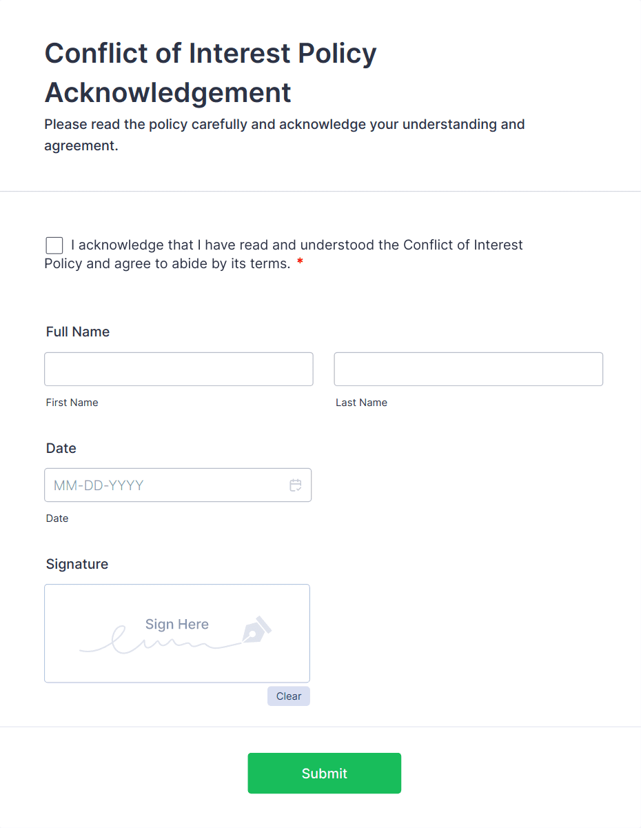 Conflict of Interest Policy Acknowledgement Form Template | Jotform