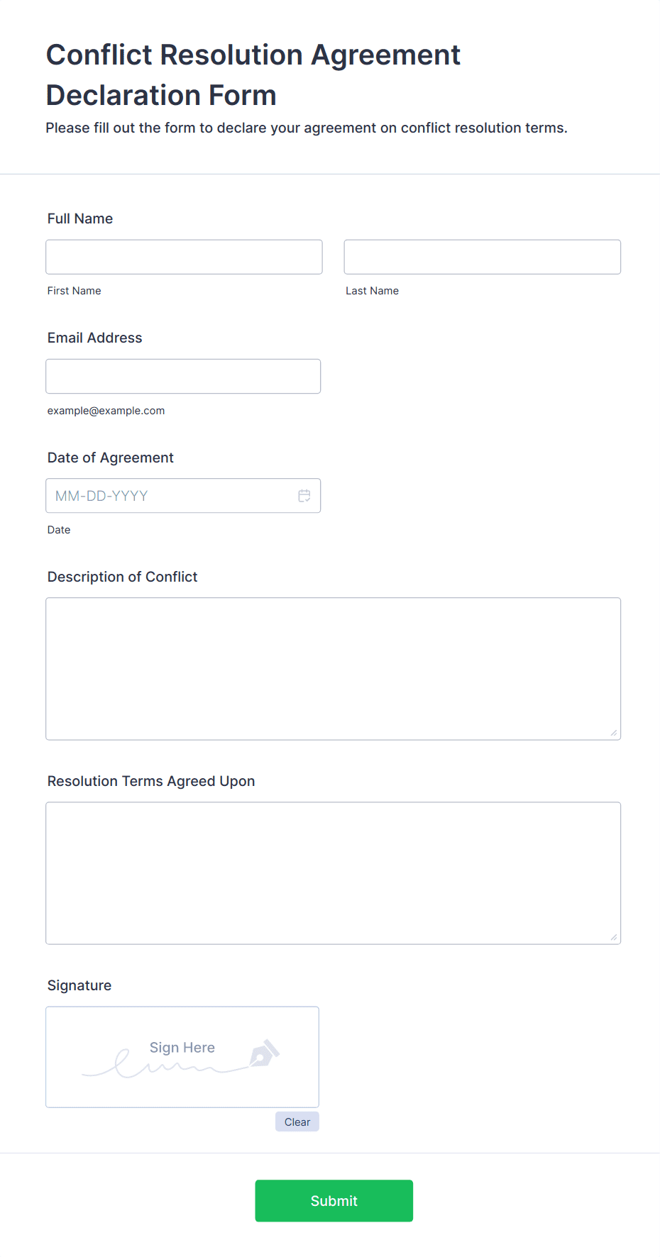 Conflict Resolution Agreement Declaration Form Template | Jotform