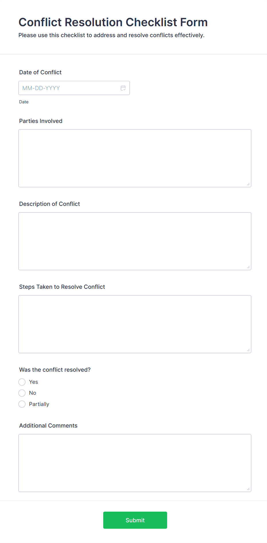 Conflict Resolution Checklist Form Template | Jotform