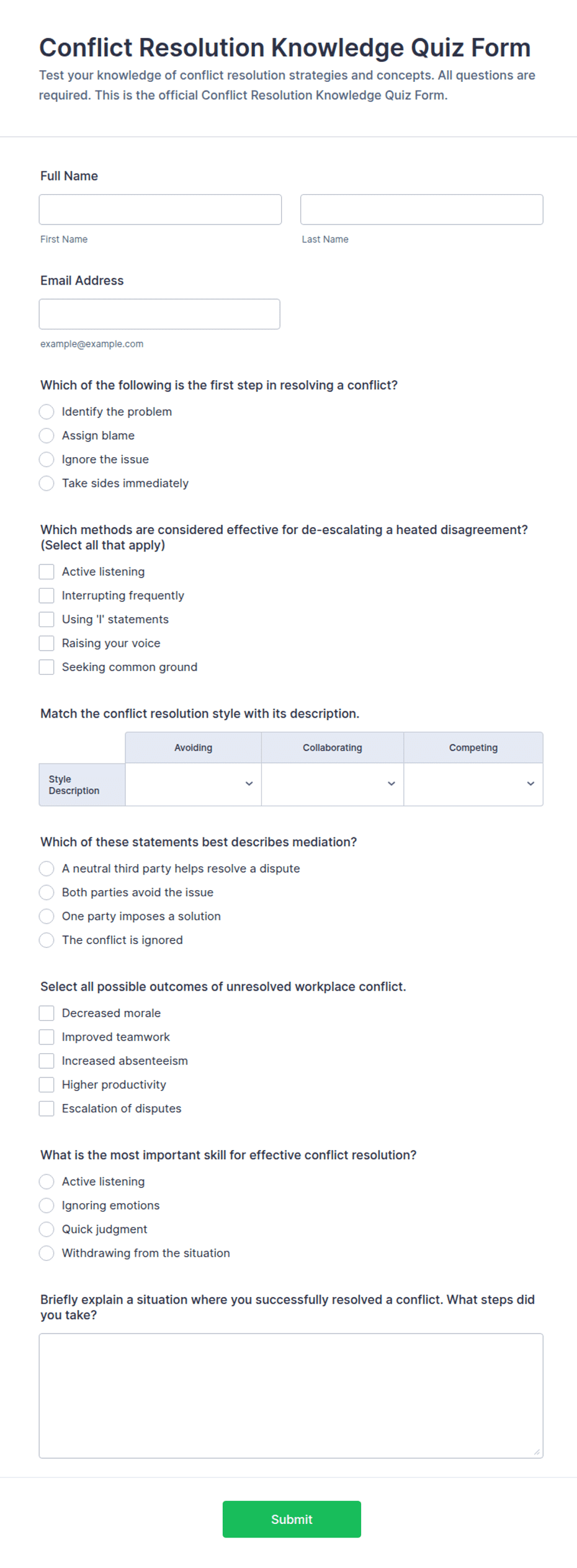 Conflict Resolution Knowledge Quiz Form Template | Jotform