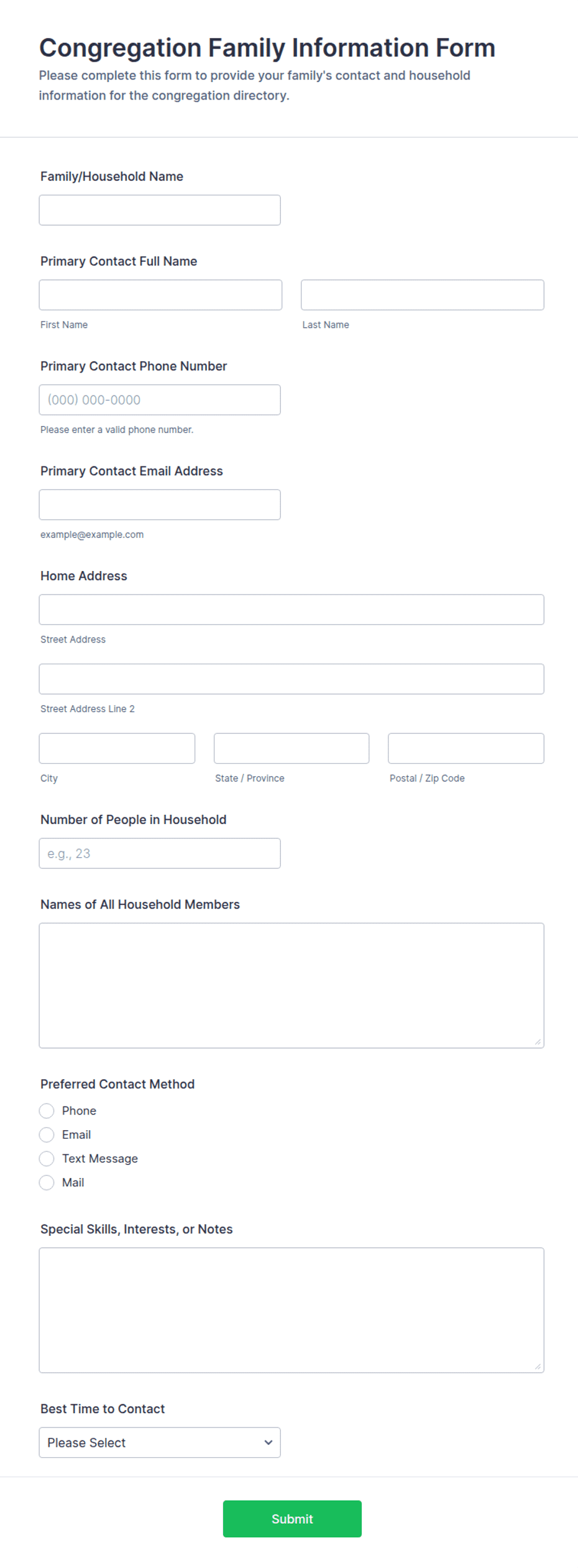 Congregation Family Information Form Template | Jotform
