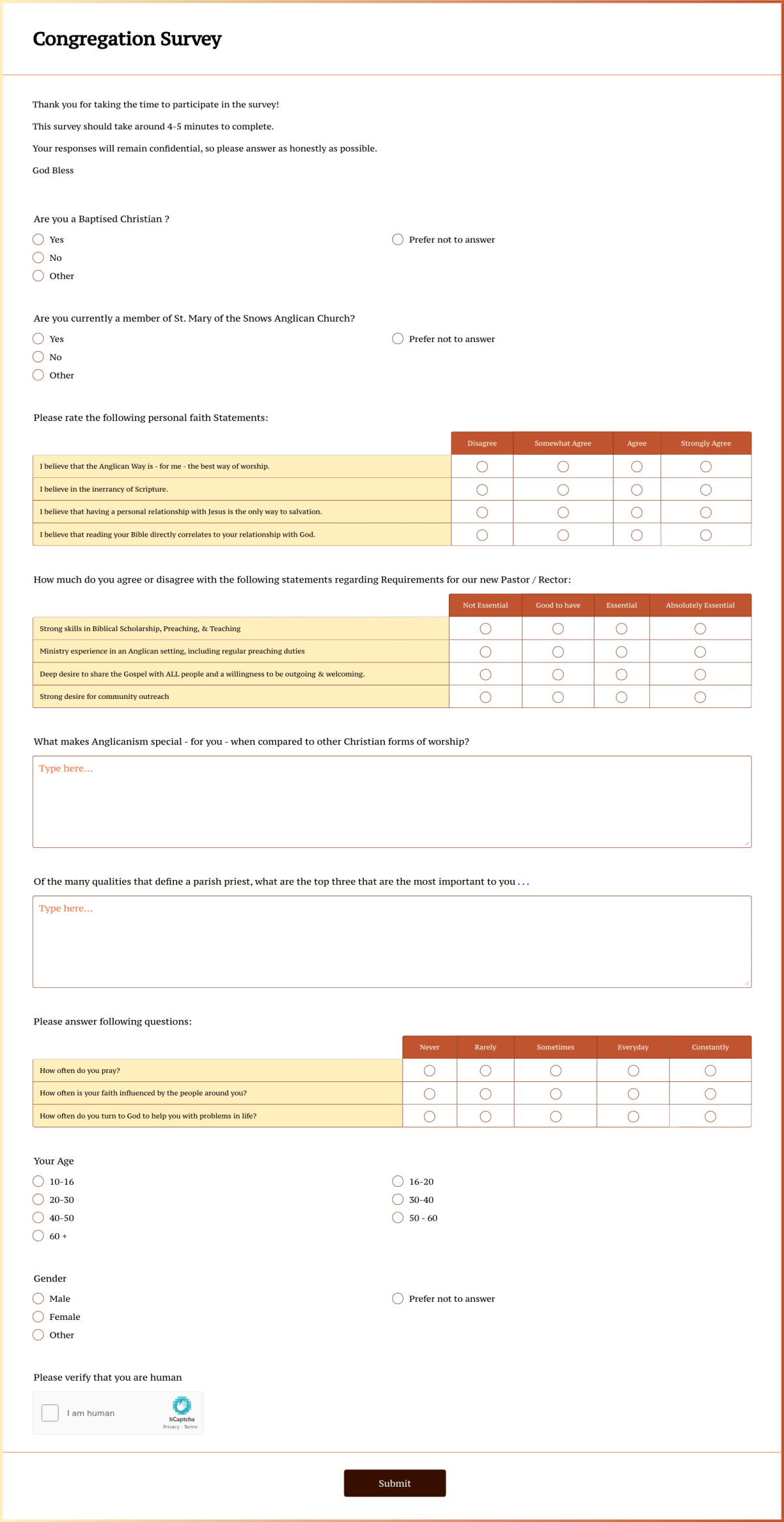 Congregation Survey Form Template | Jotform