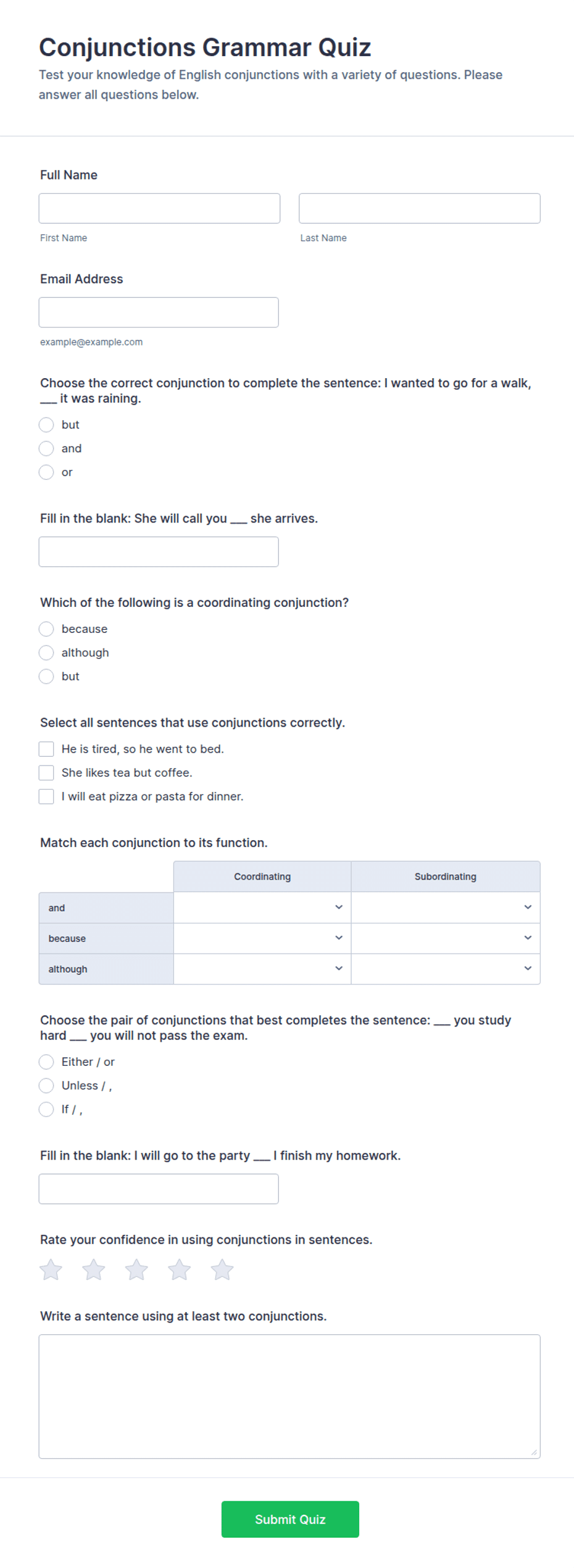 Conjunctions Grammar Quiz Form Template | Jotform