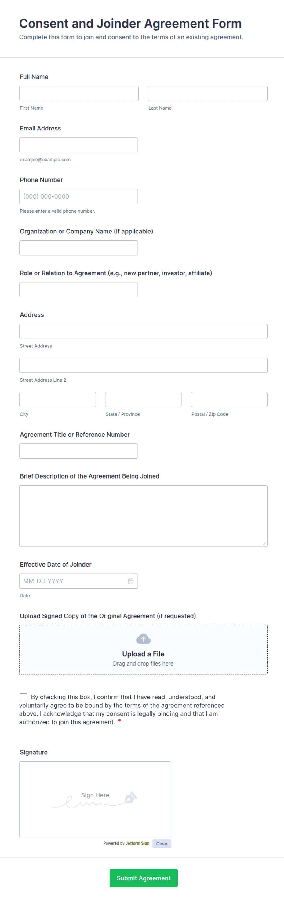 Consent and Joinder Agreement Form Template | Jotform