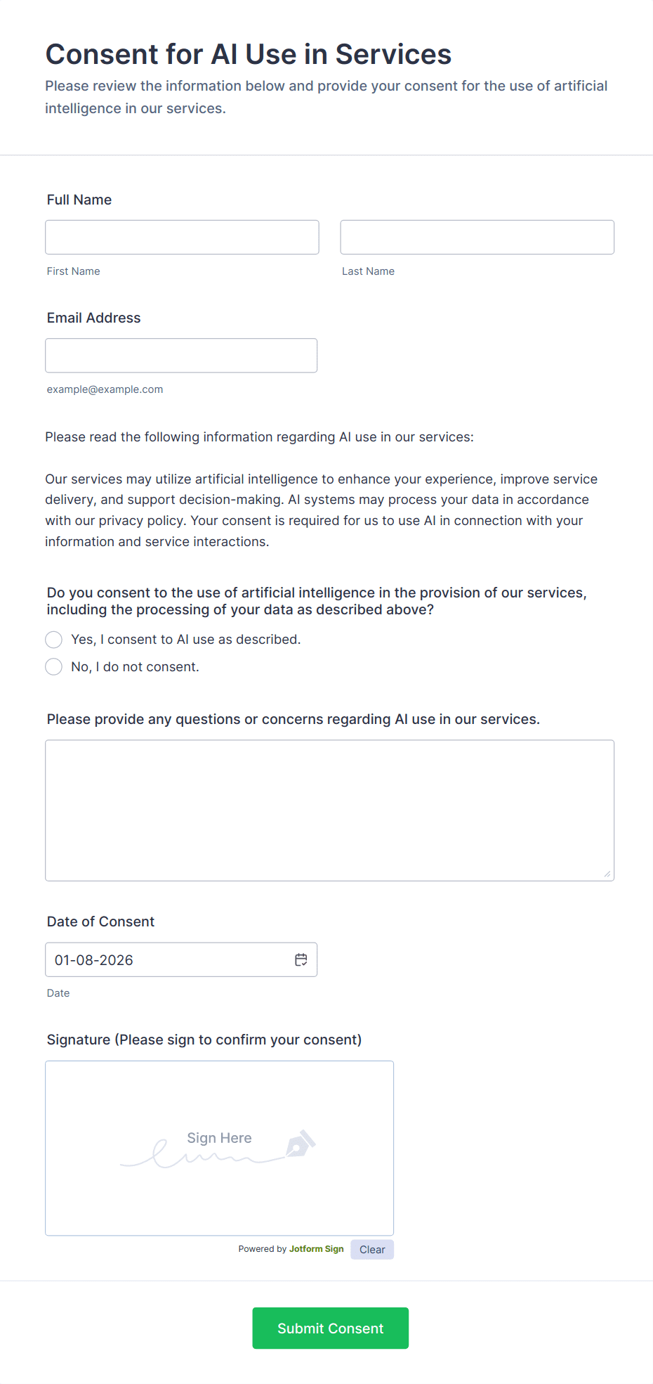Consent for AI Use in Services Form Template | Jotform