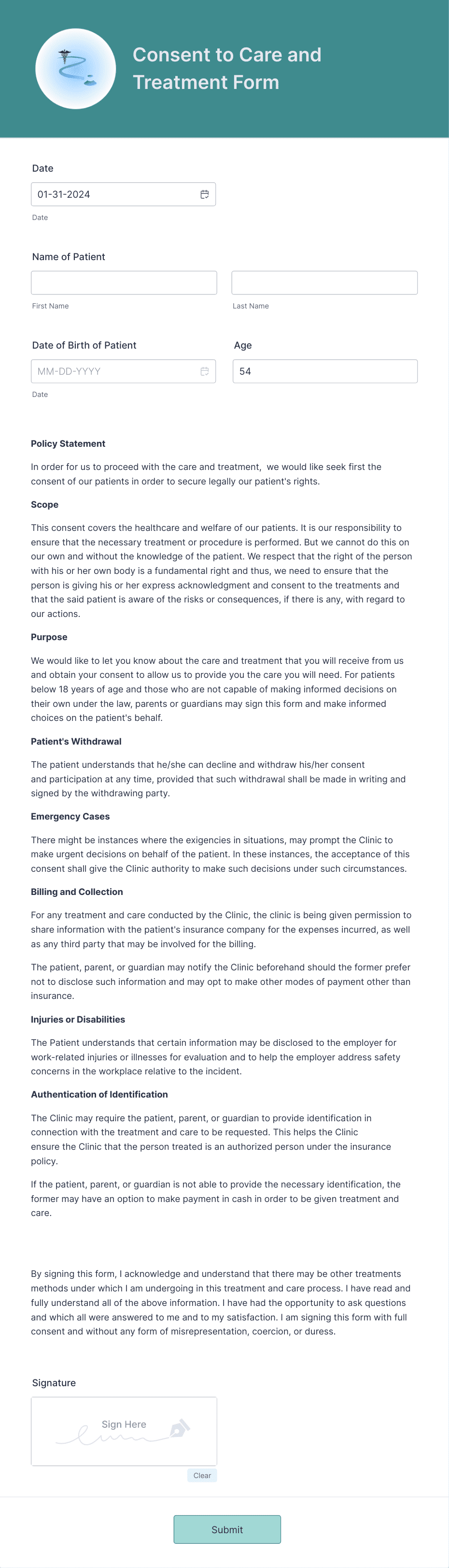 Consent to Care and Treatment Form Template | Jotform