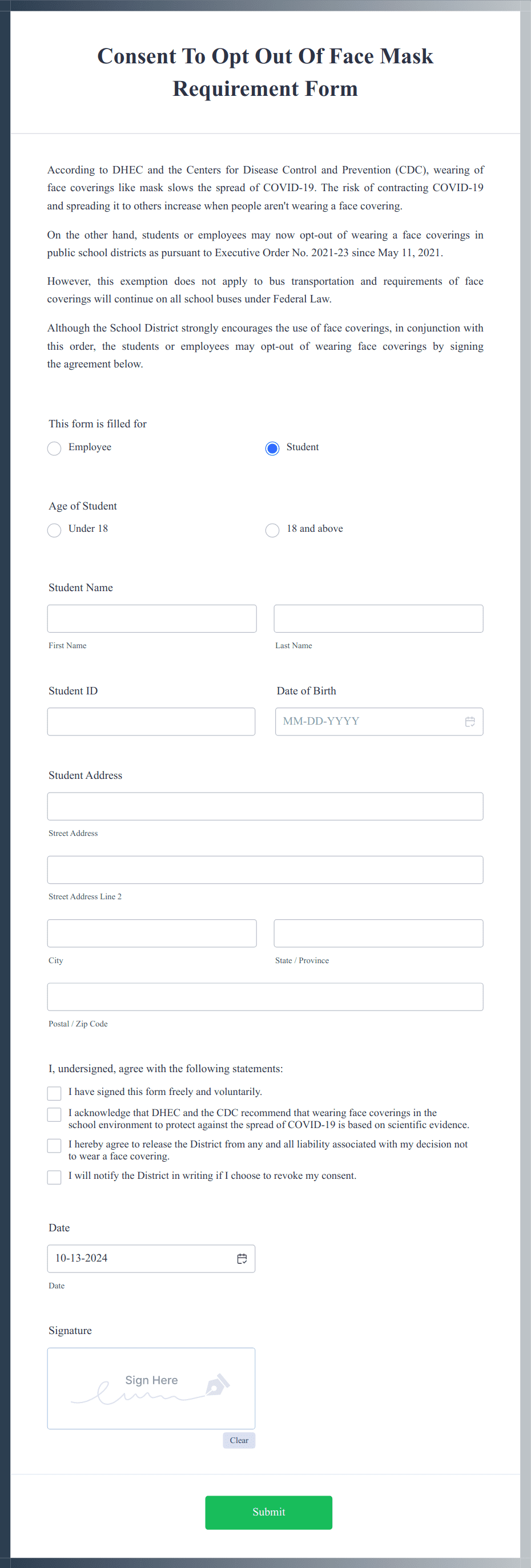 Consent To Opt Out Of Face Mask Requirement Form Template | Jotform