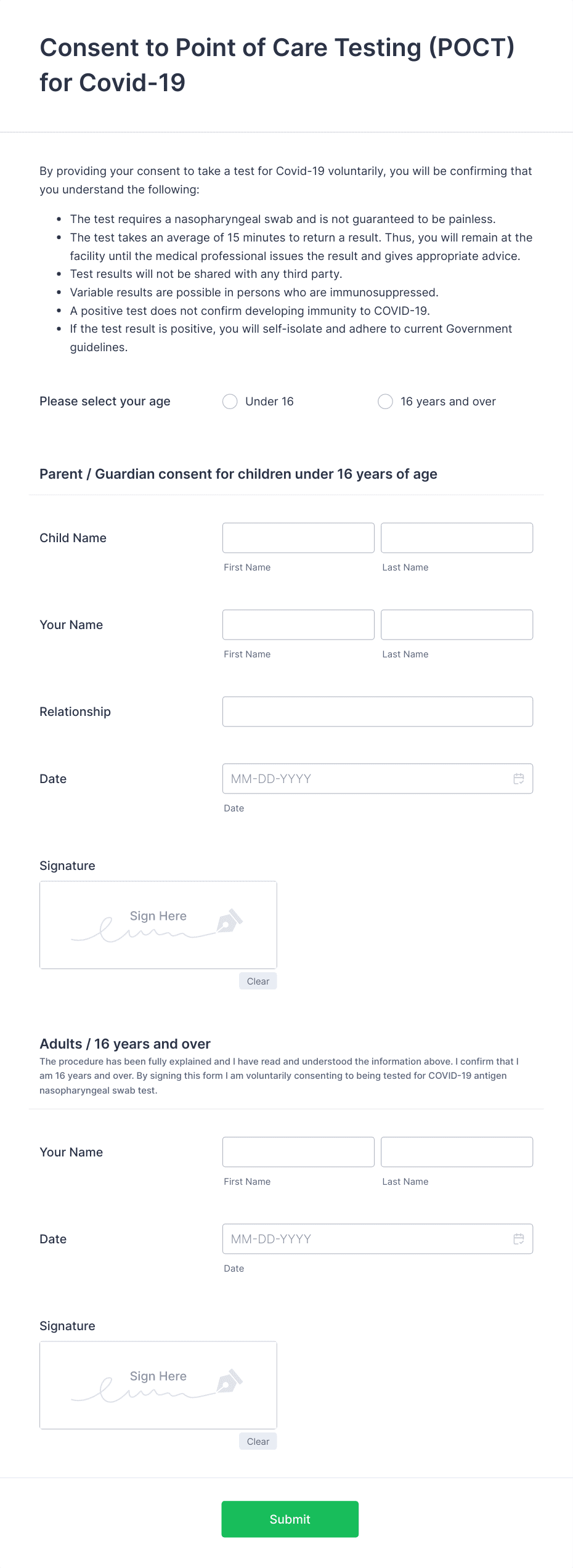 Consent to Point of Care Testing (POCT) for Covid-19 Form Template ...