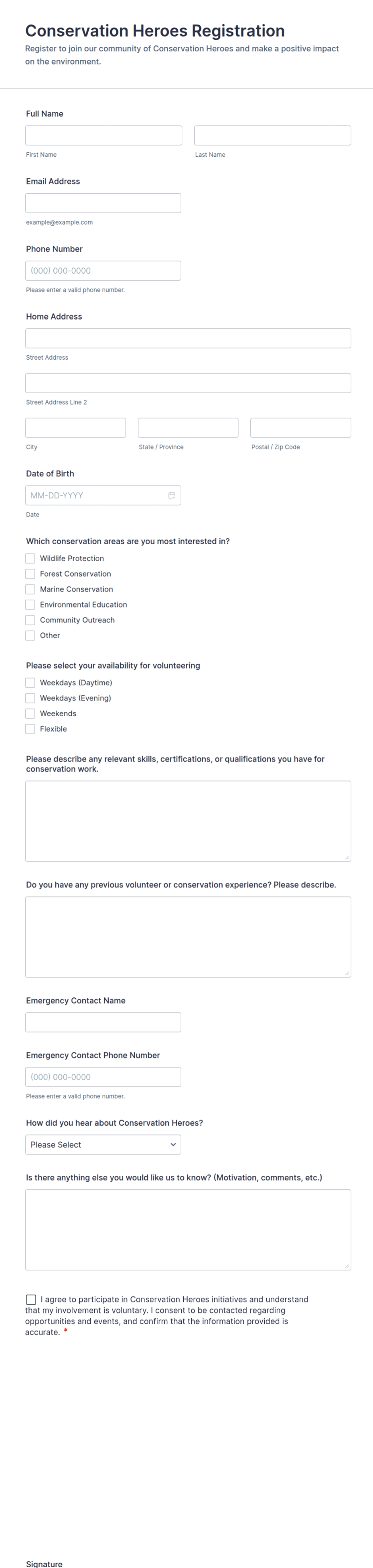 Conservation Heroes Registration Form Template | Jotform
