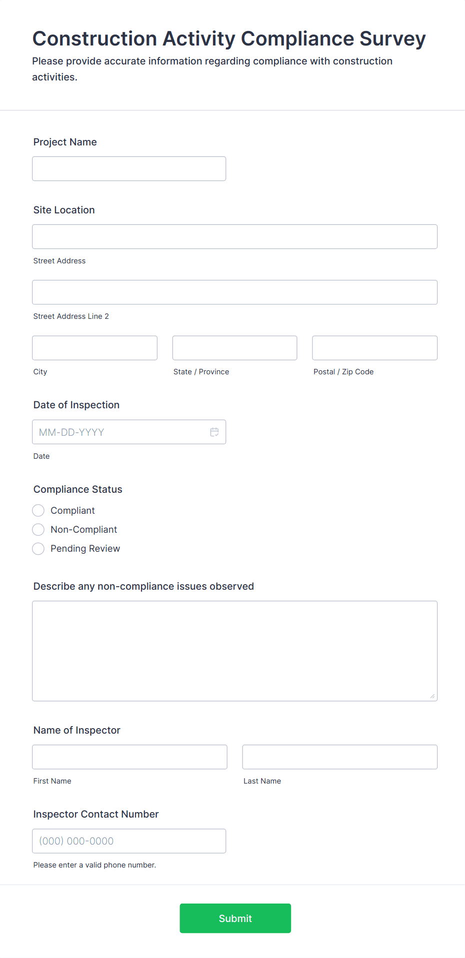Construction Activity Compliance Survey Form Template | Jotform
