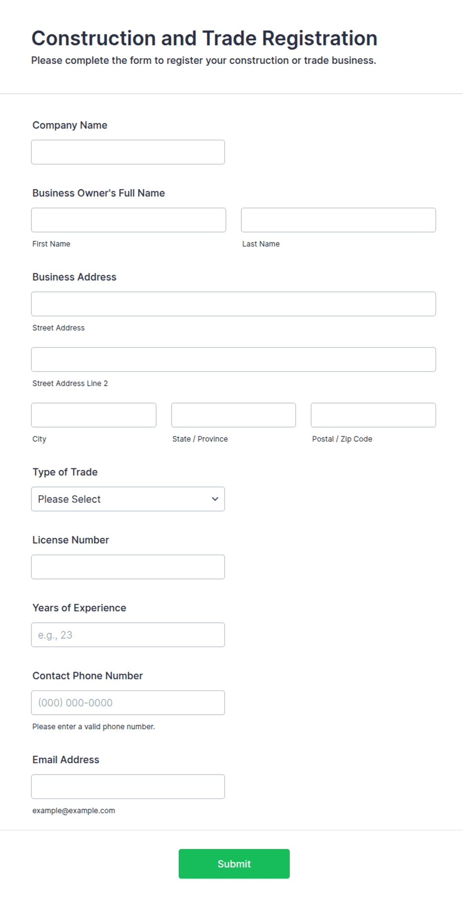 Construction and Trade Registration Form Template | Jotform