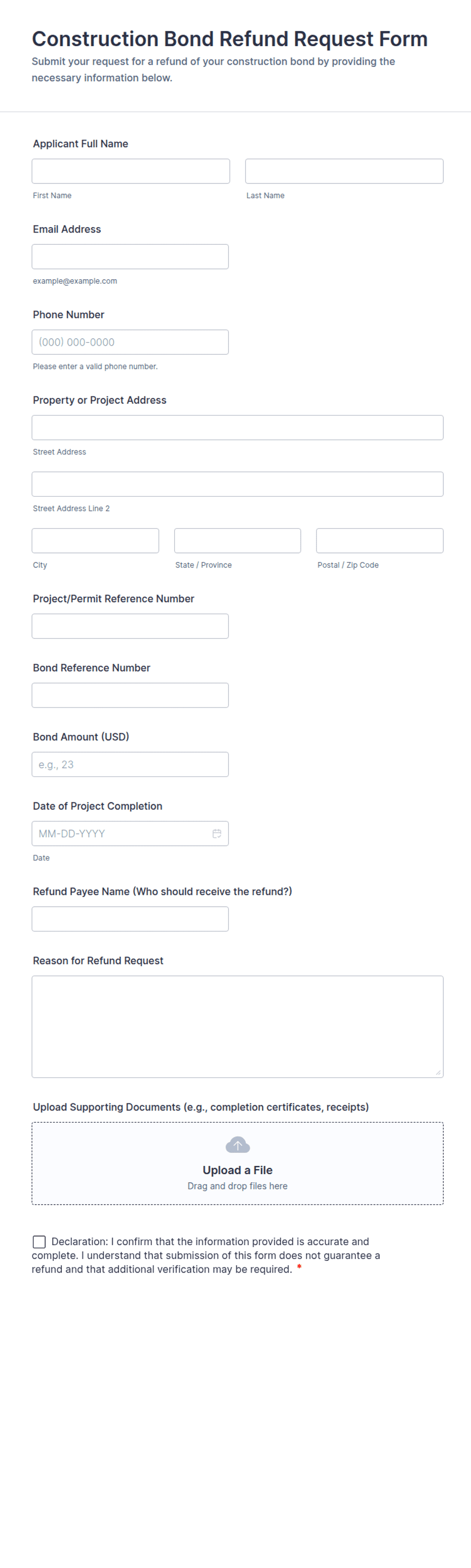 Construction Bond Refund Request Form Template | Jotform
