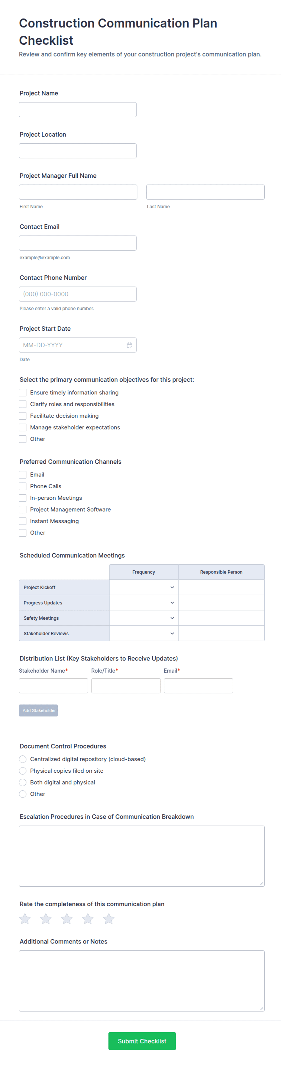 Construction Communication Plan Checklist Form Template | Jotform