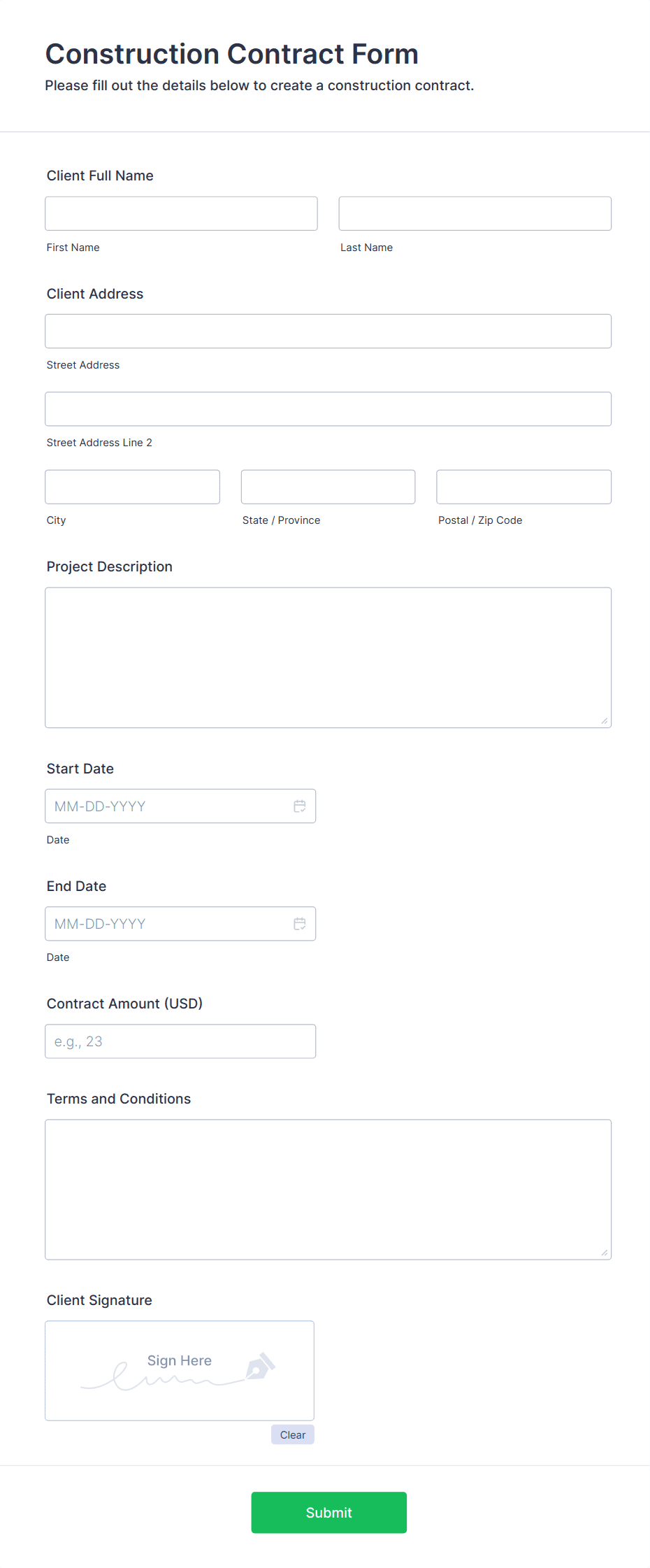 Construction Contract Form Template | Jotform