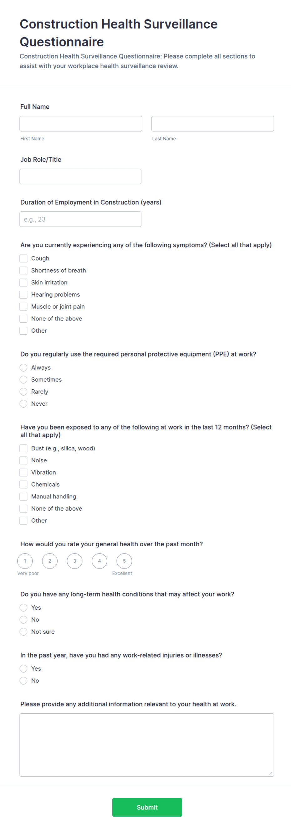 Construction Health Surveillance Questionnaire Form Template | Jotform
