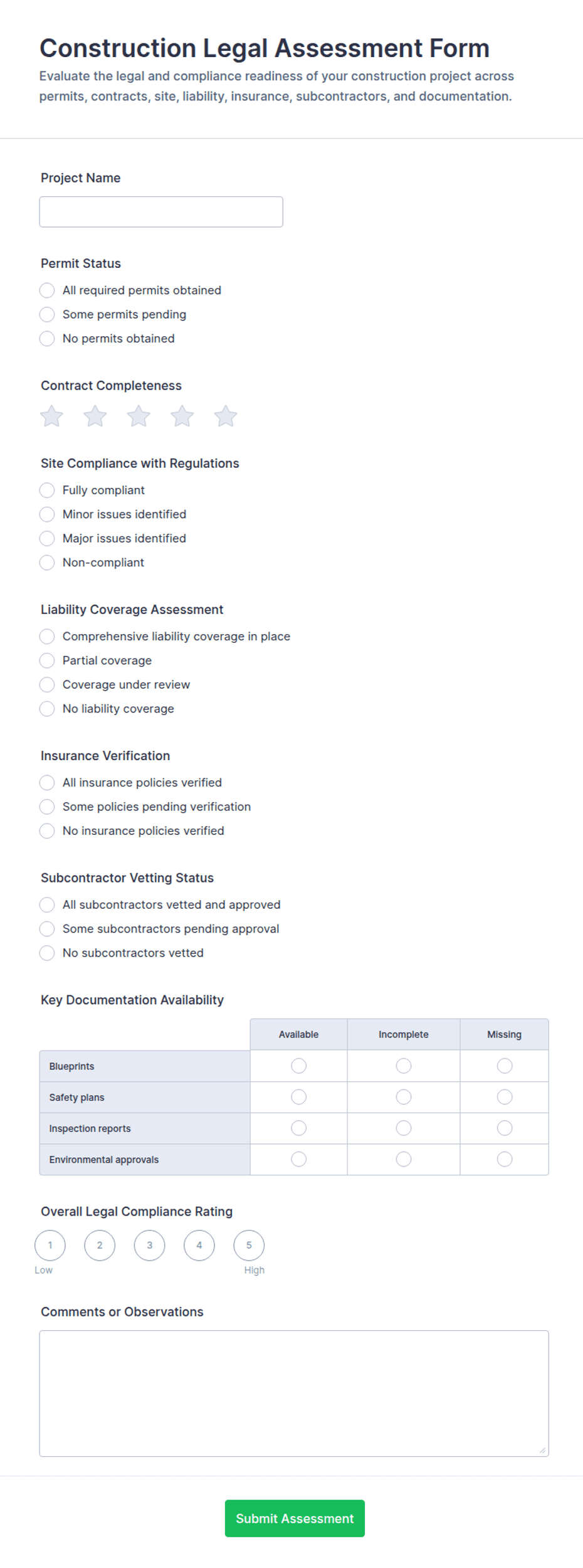 Construction Legal Assessment Form Template | Jotform
