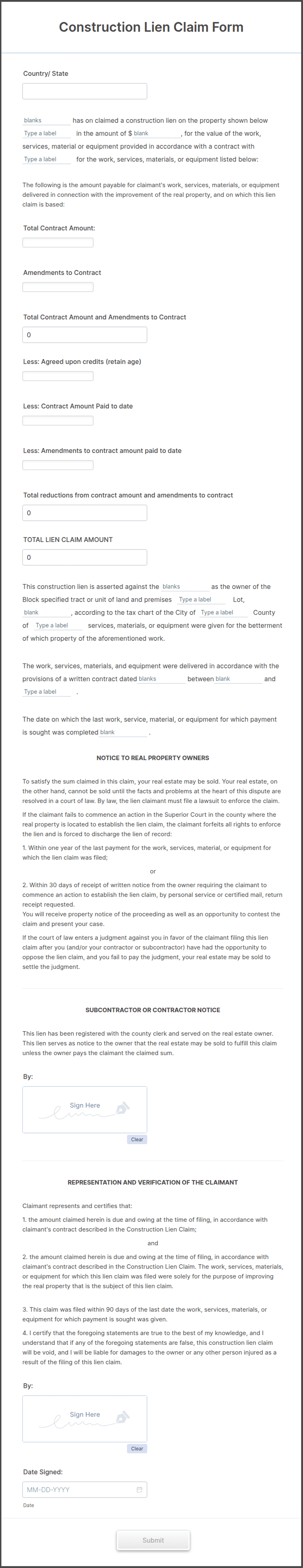 Construction Lien Form Template | Jotform