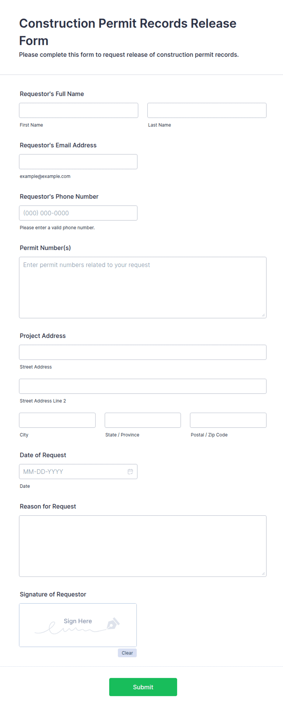 Construction Permit Records Release Form Template | Jotform