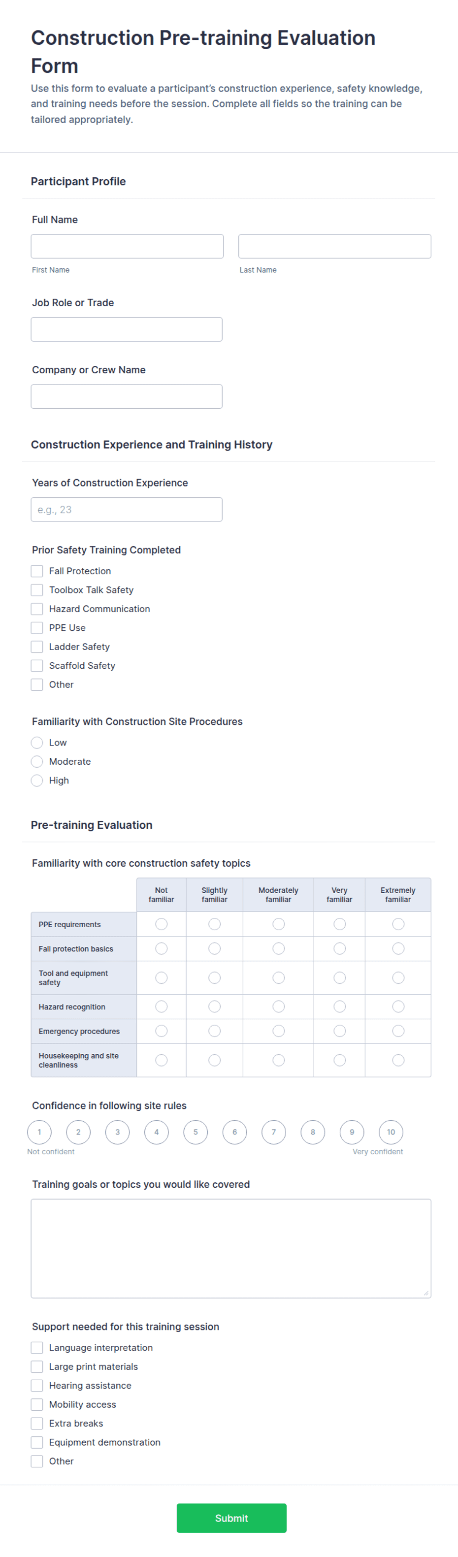 Construction Pre-training Evaluation Form Template | Jotform