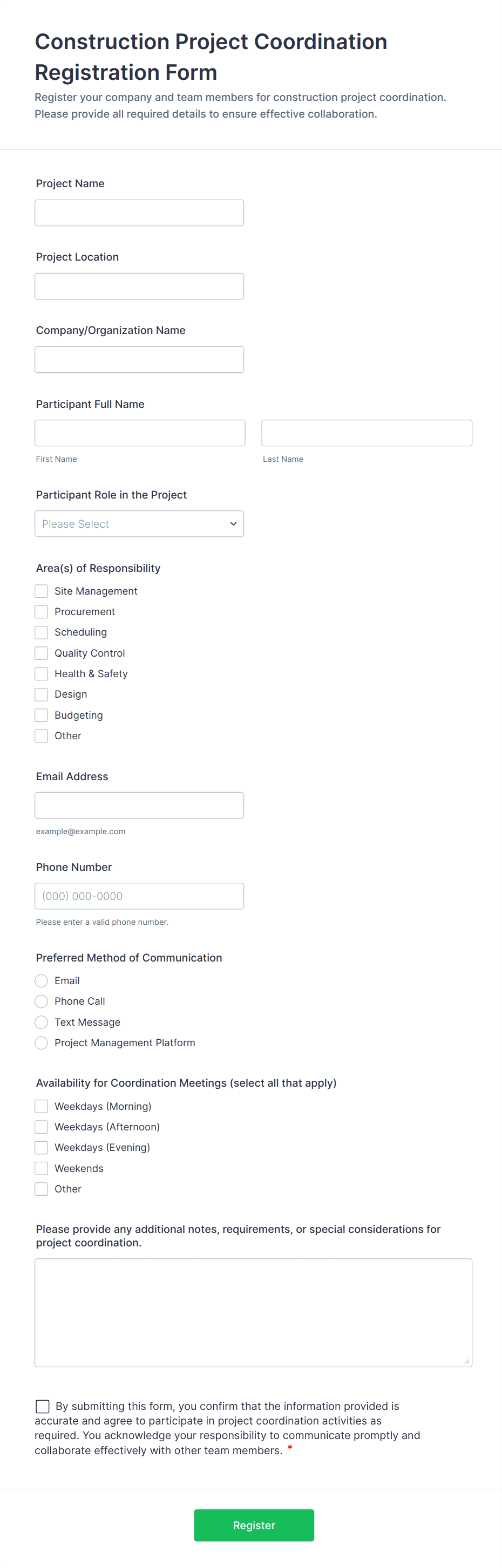 Construction Project Coordination Registration Form Template | Jotform