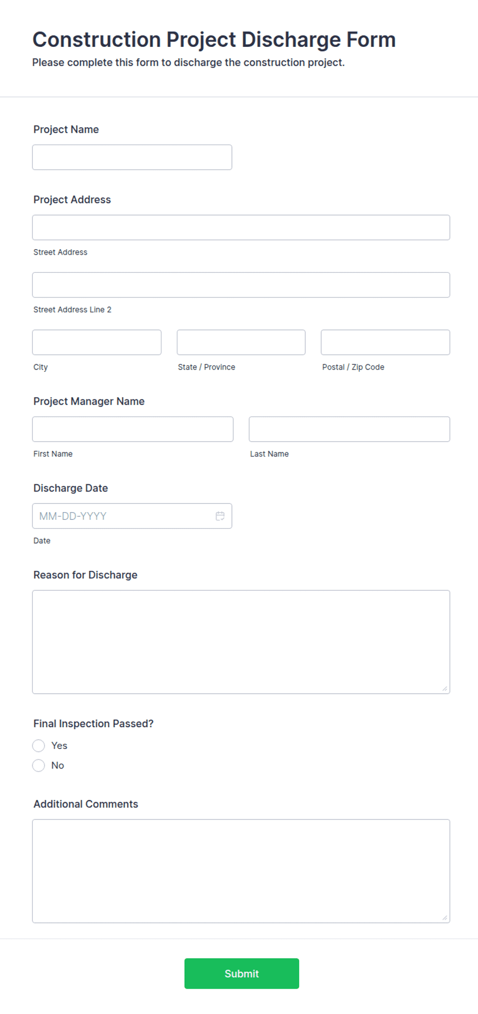 Construction Project Discharge Form Template | Jotform