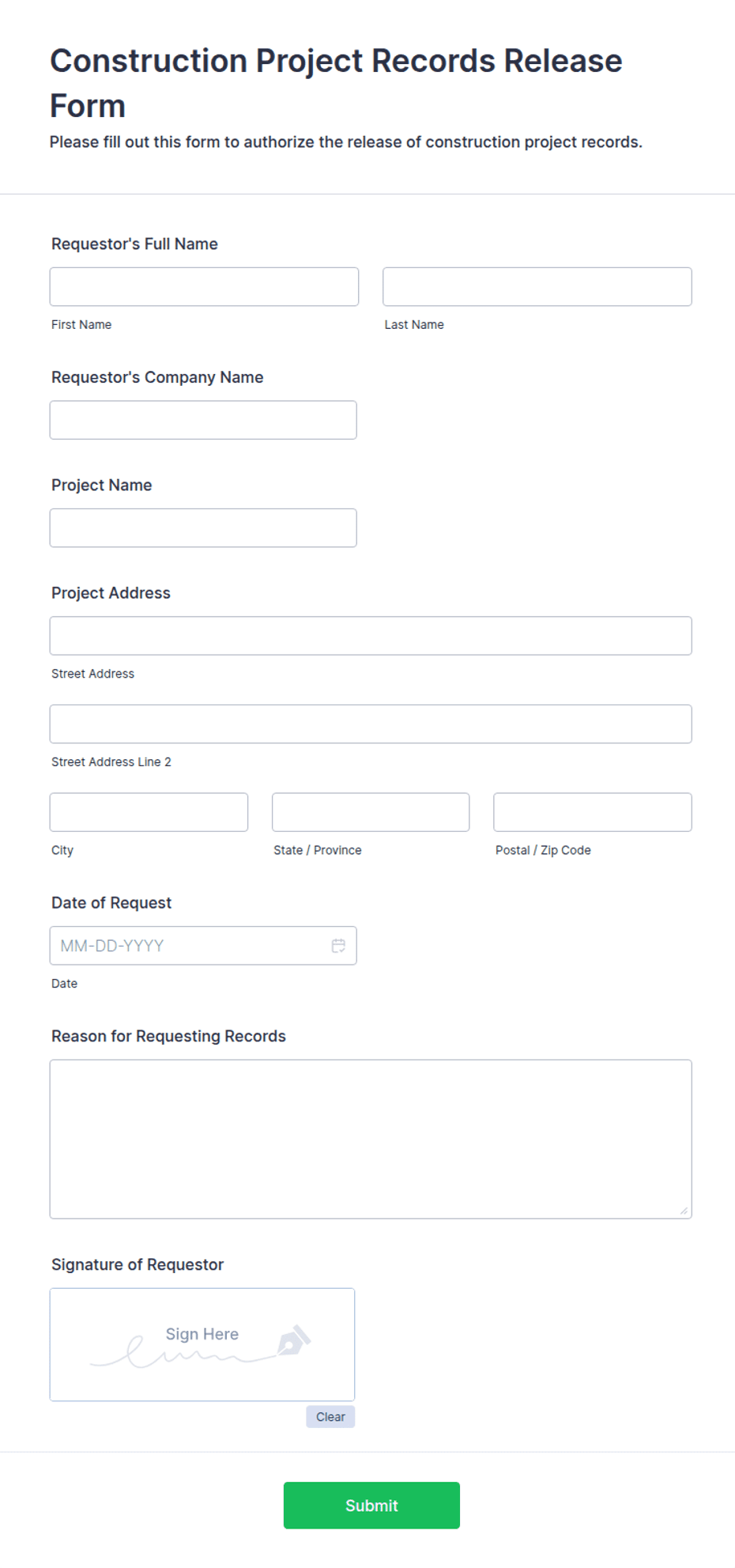 Construction Project Records Release Form Template | Jotform