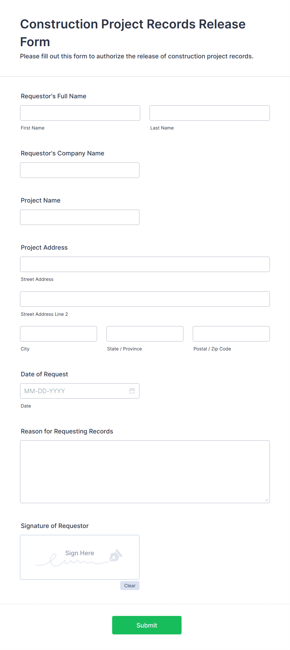 Construction Project Records Release Form Template | Jotform