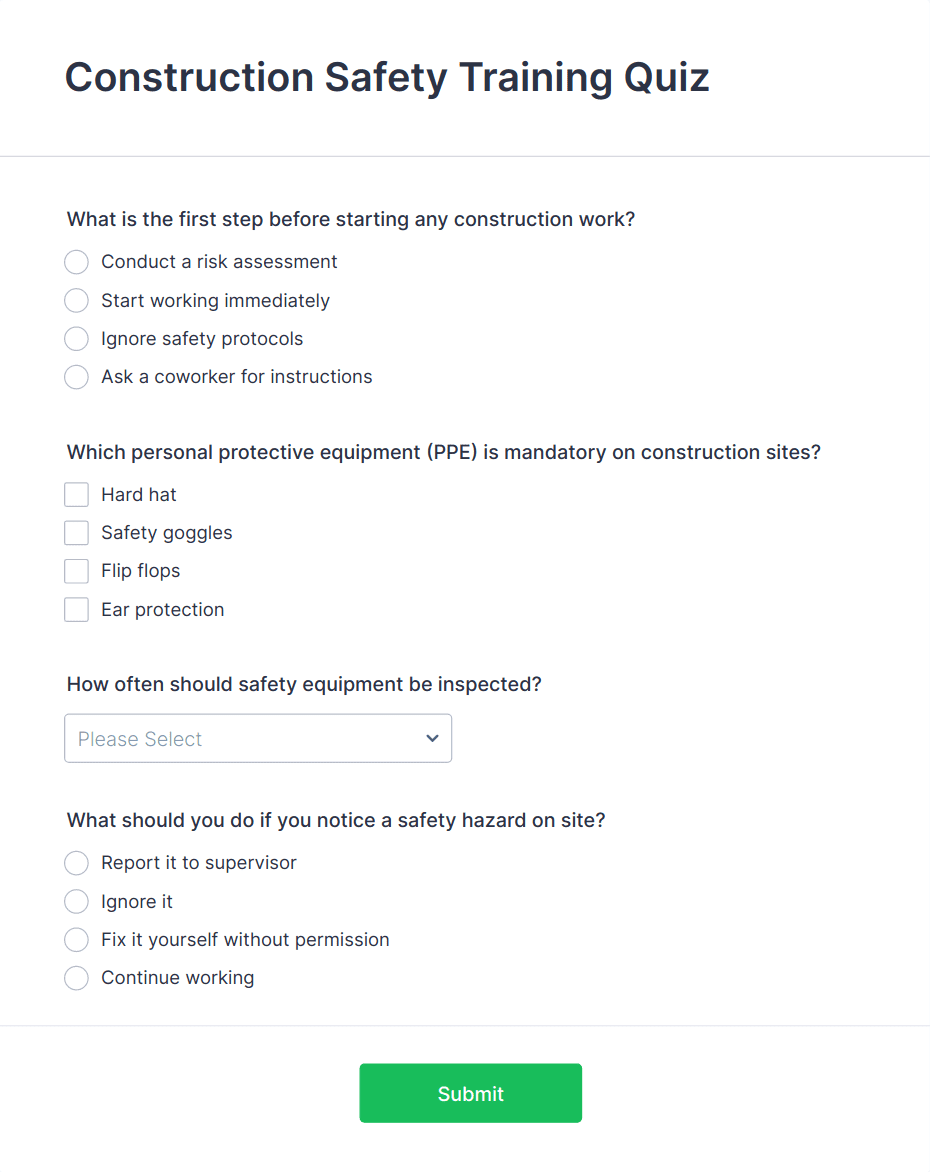 Construction Safety Training Quiz Form Template | Jotform