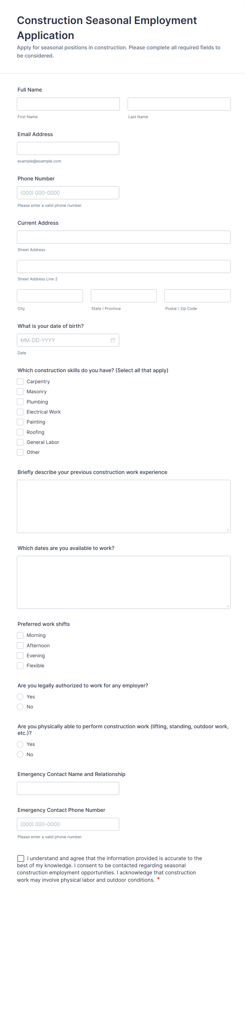 Construction Seasonal Employment Application Form Template | Jotform
