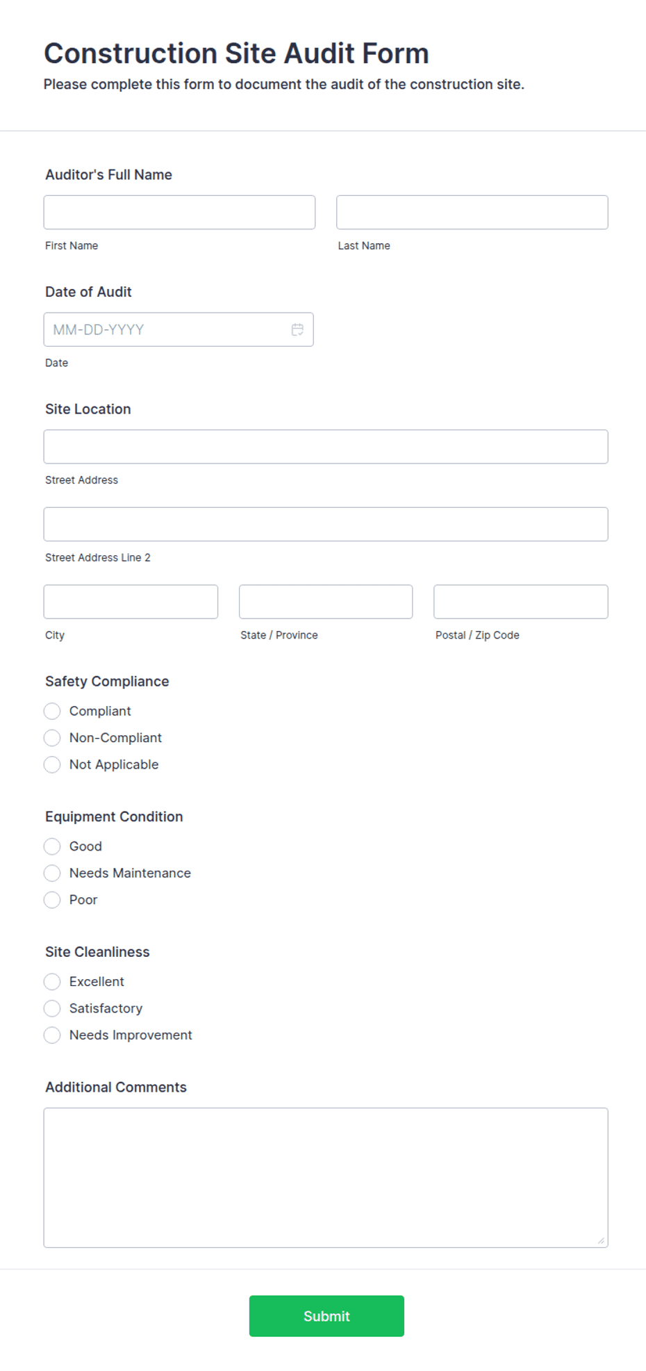 Construction Site Audit Form Template | Jotform