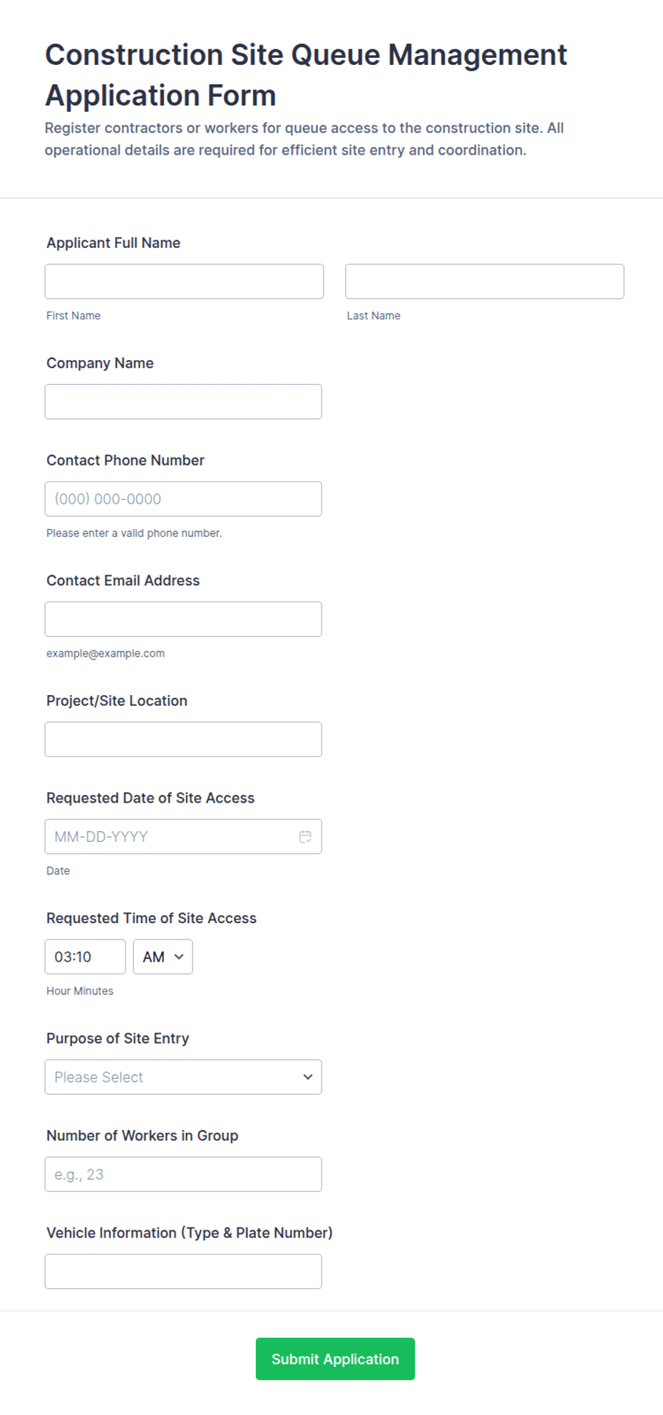 Construction Site Queue Management Application Form Template | Jotform