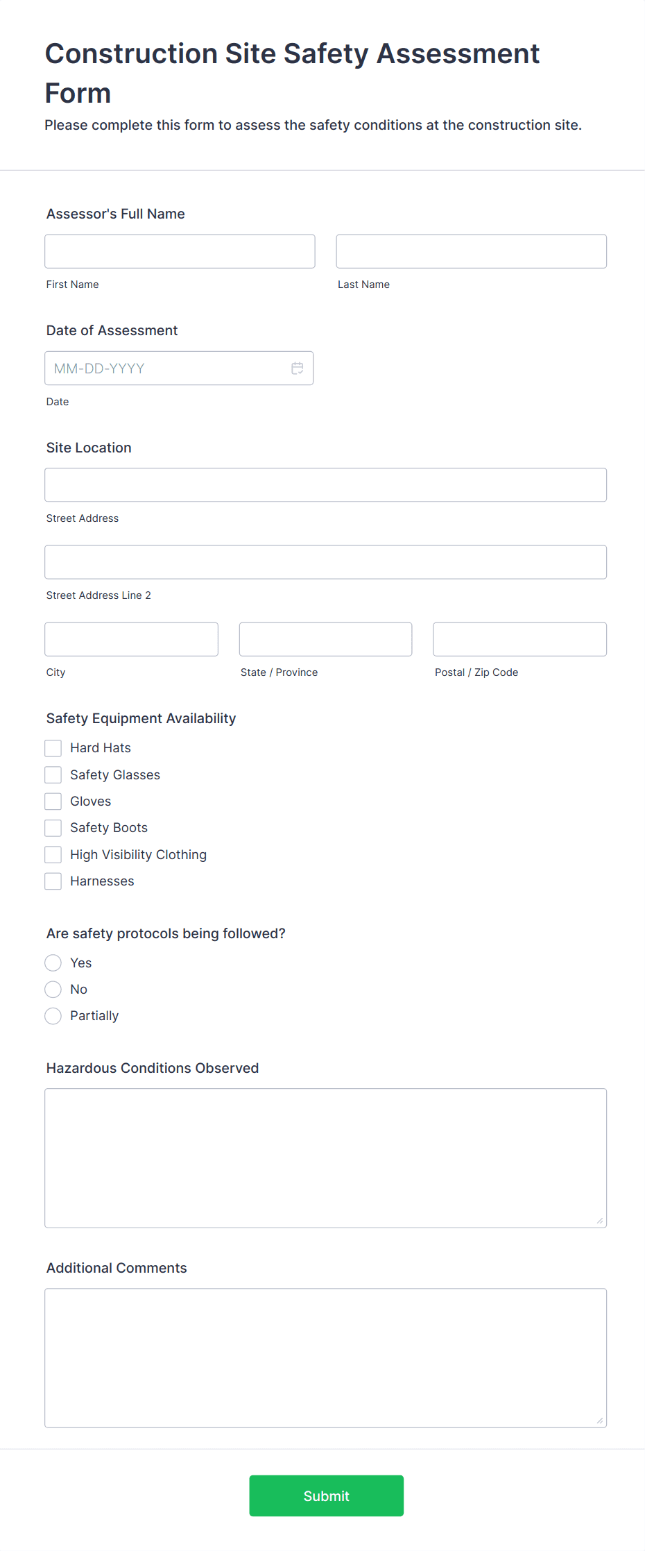 Construction Site Safety Assessment Form Template | Jotform