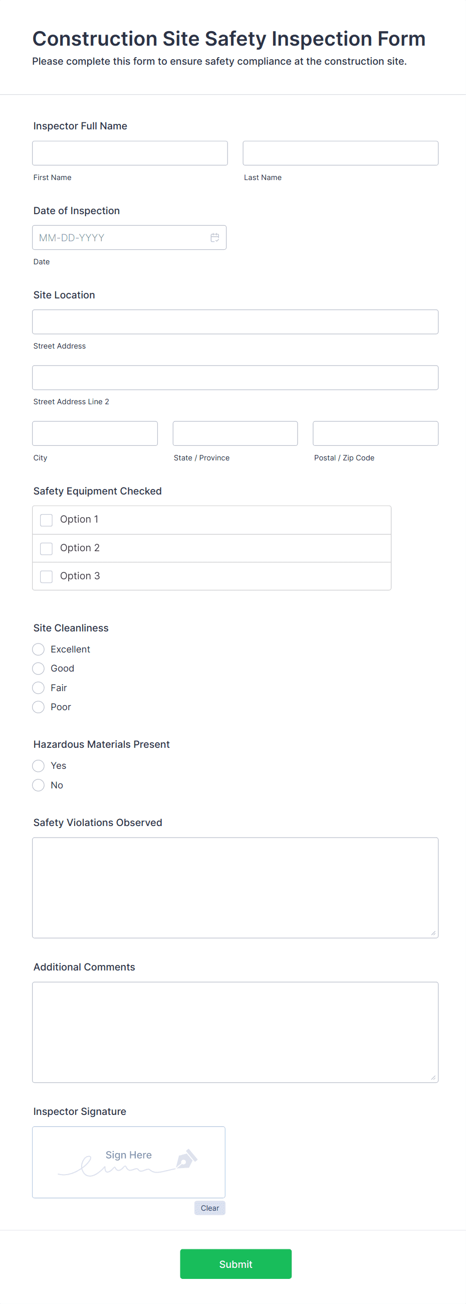 Construction Site Safety Inspection Form Template | Jotform