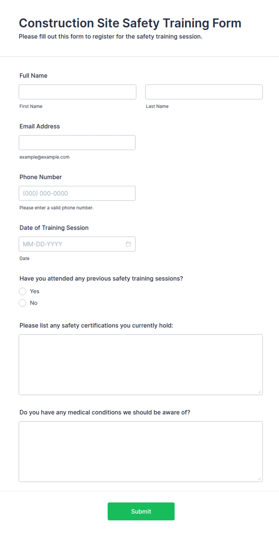 Construction Site Safety Training Form Template | Jotform