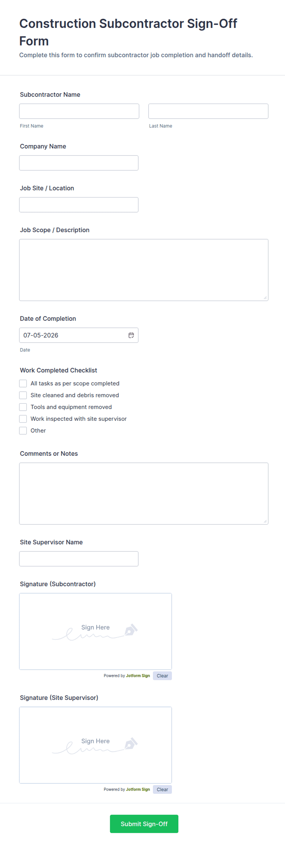 Construction Subcontractor Sign-Off Form Template | Jotform