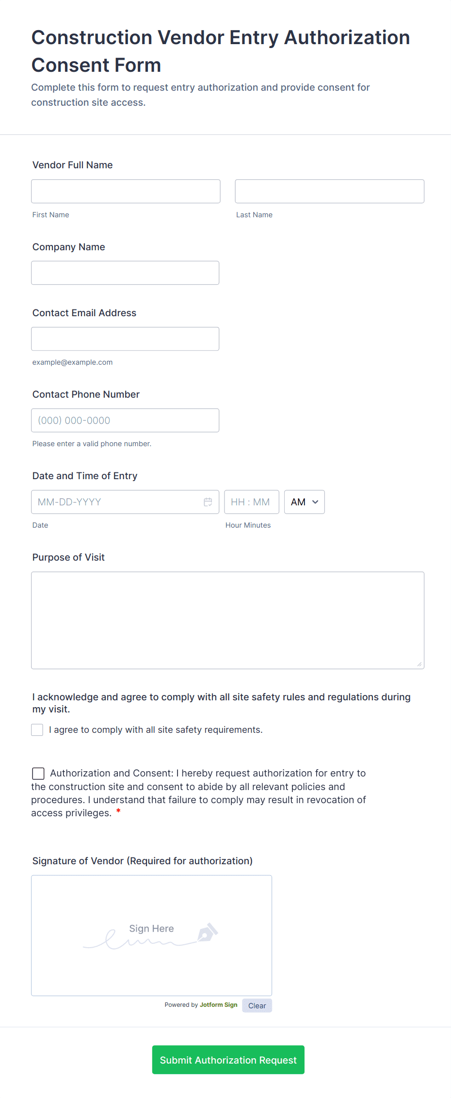 Construction Vendor Entry Authorization Consent Form Template | Jotform