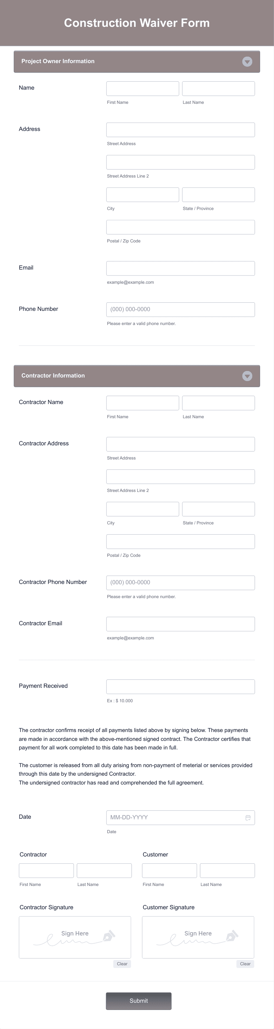 Construction Waiver Form Template | Jotform