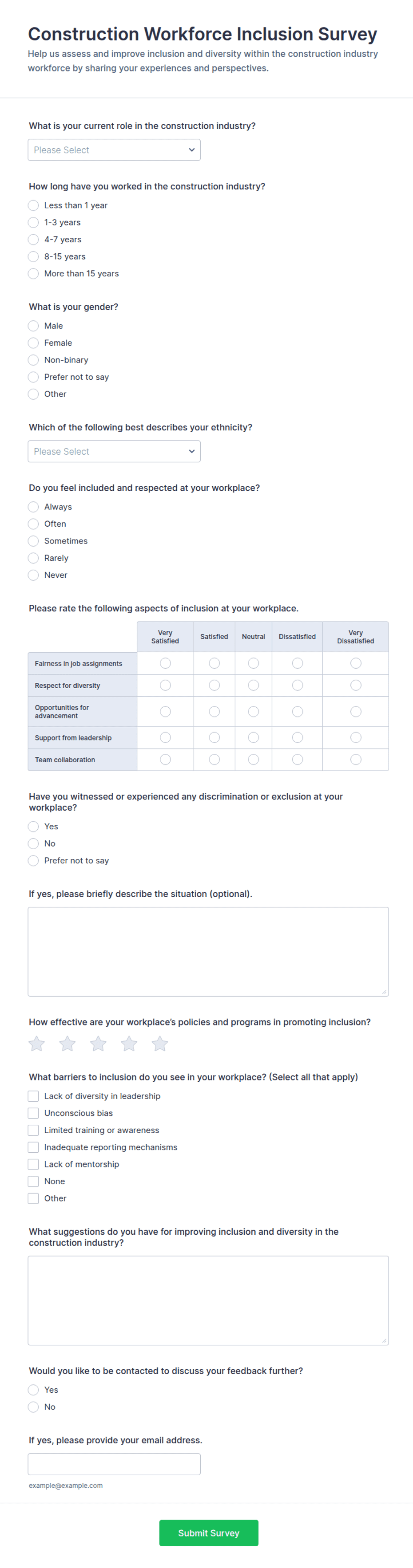 Construction Workforce Inclusion Survey Form Template | Jotform