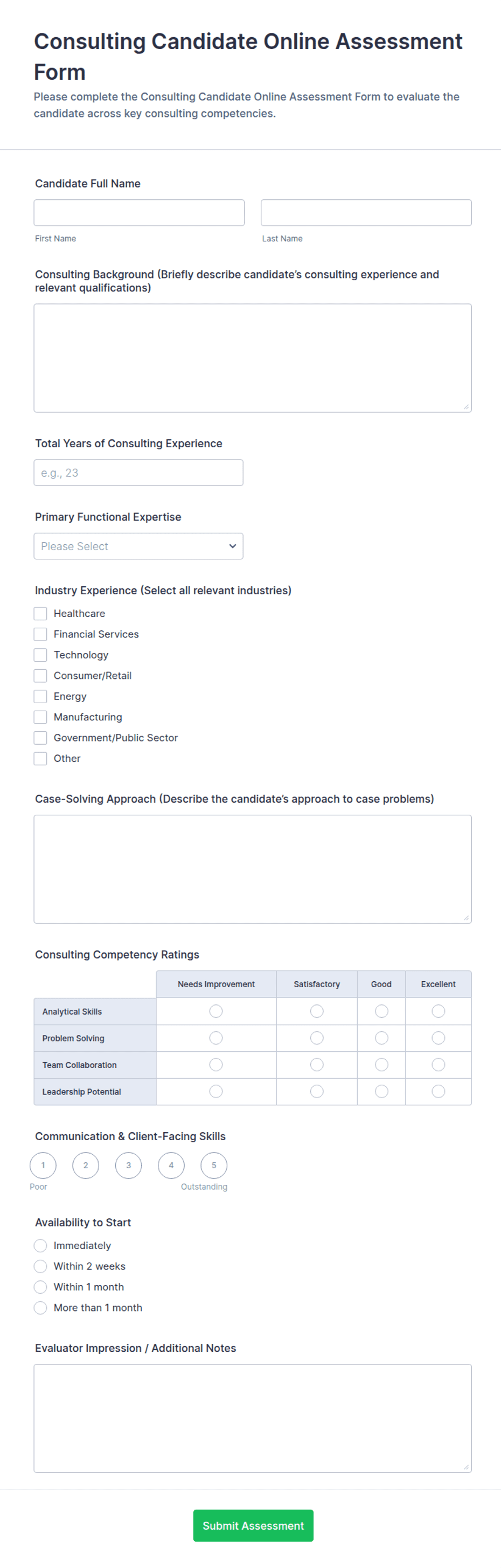 Consulting Candidate Online Assessment Form Template | Jotform