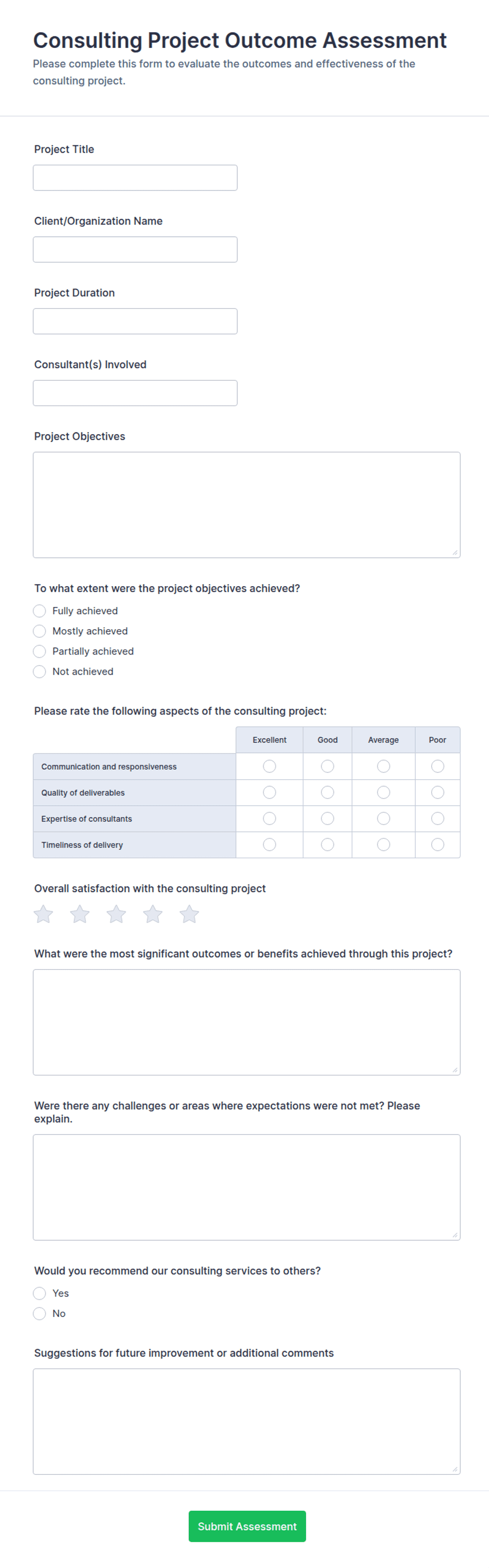 Consulting Project Outcome Assessment Form Template | Jotform