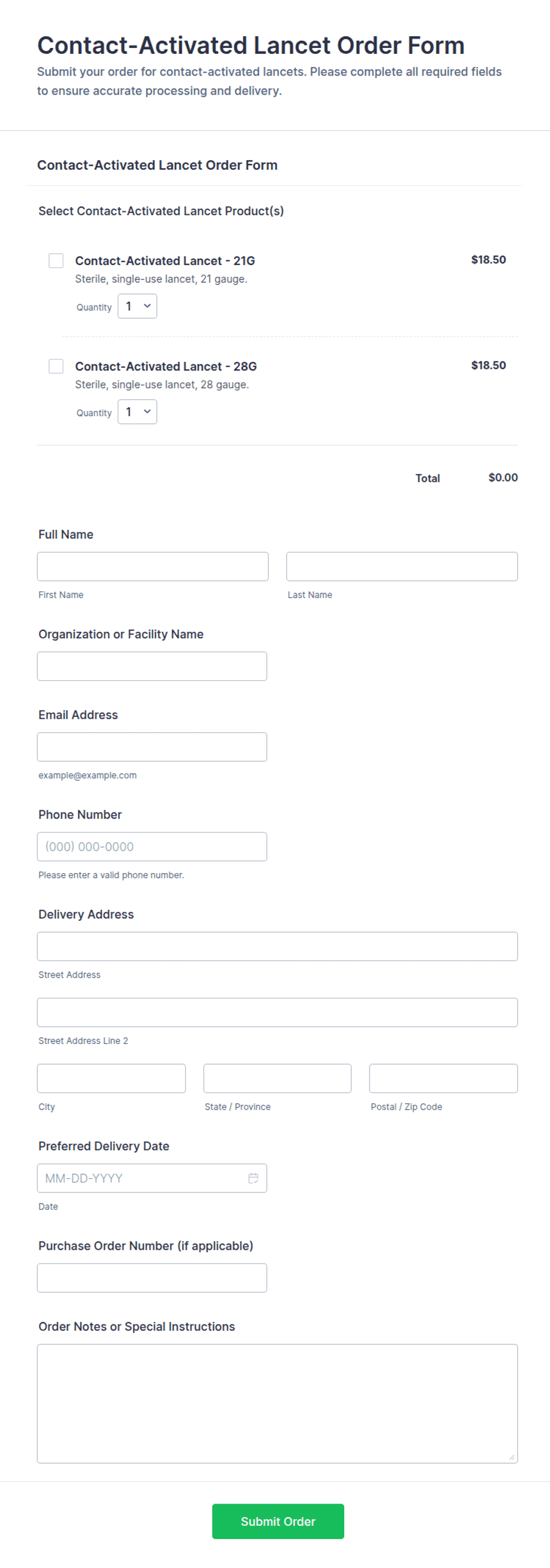 Contact-Activated Lancet Order Form Template | Jotform