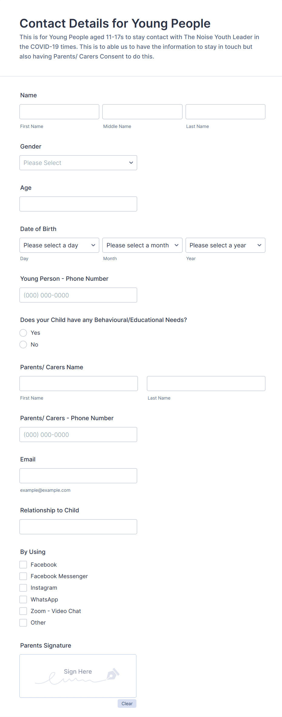 Contact Details for Young People (Online) Form Template | Jotform