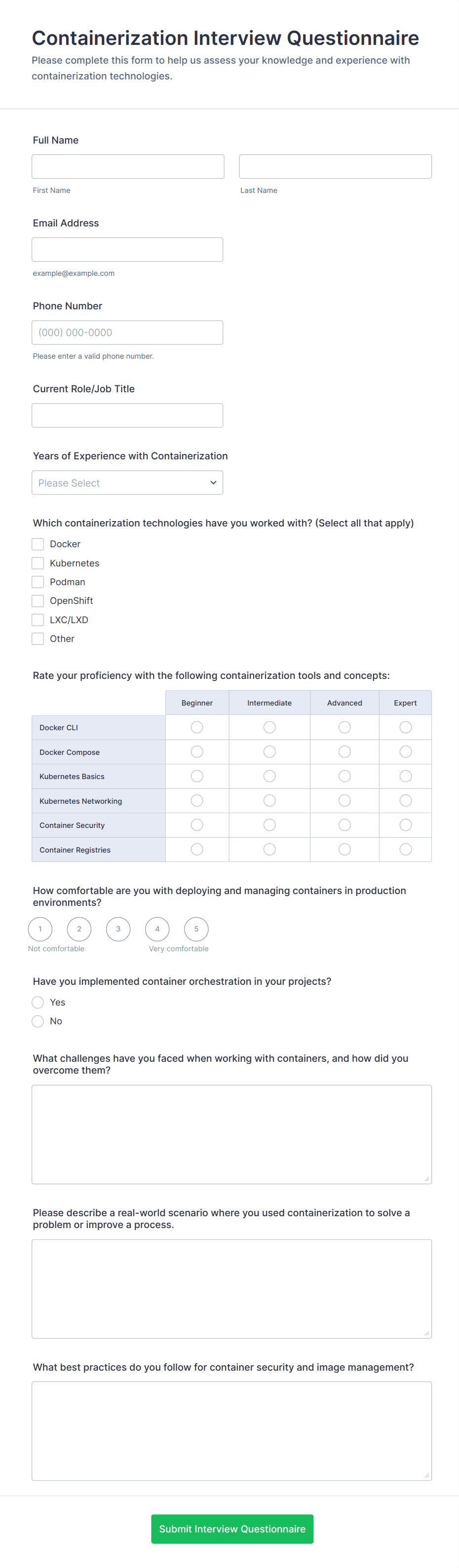 Containerization Interview Questionnaire Form Template | Jotform